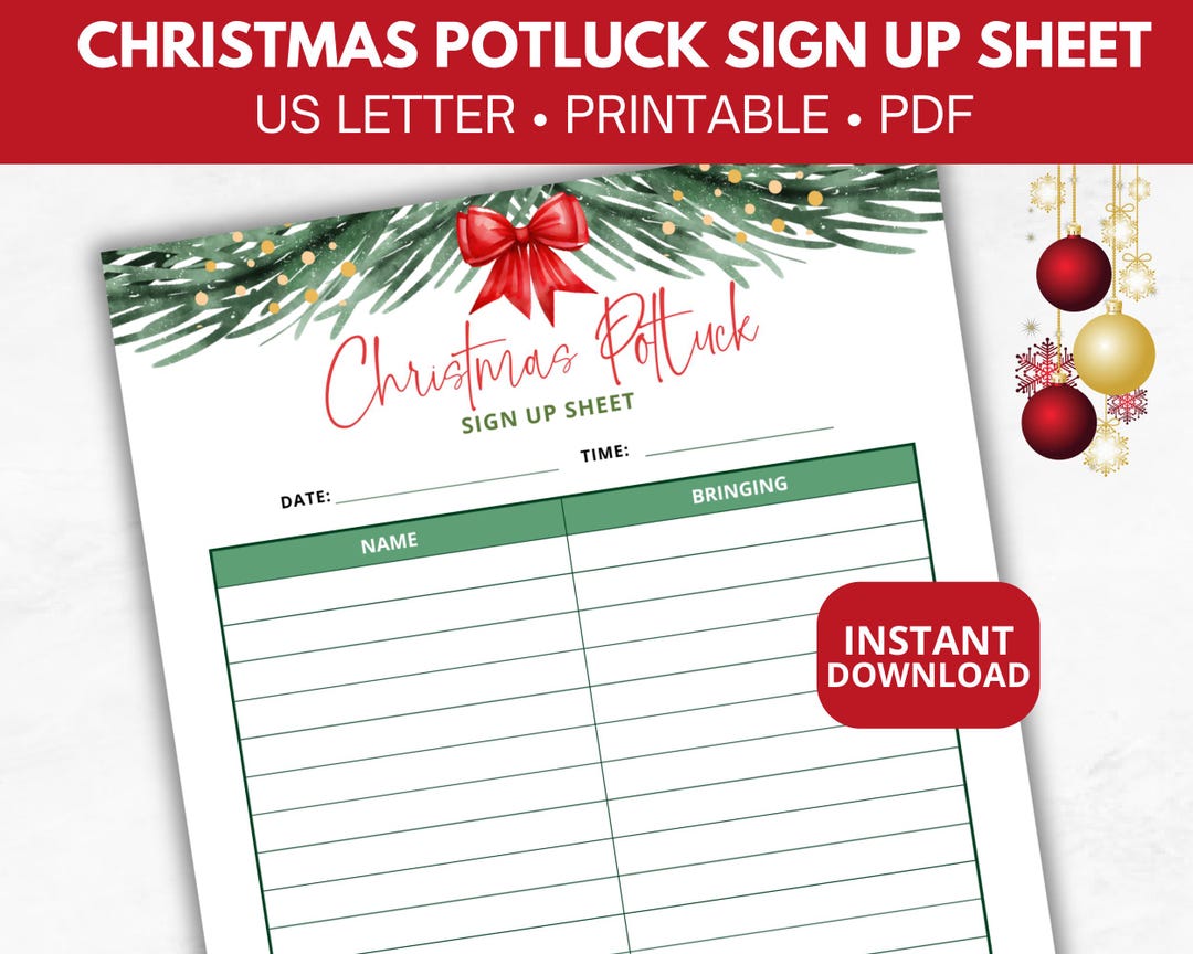 Christmas Potluck Sign up Sheet Template, Printable Holiday Food List ...