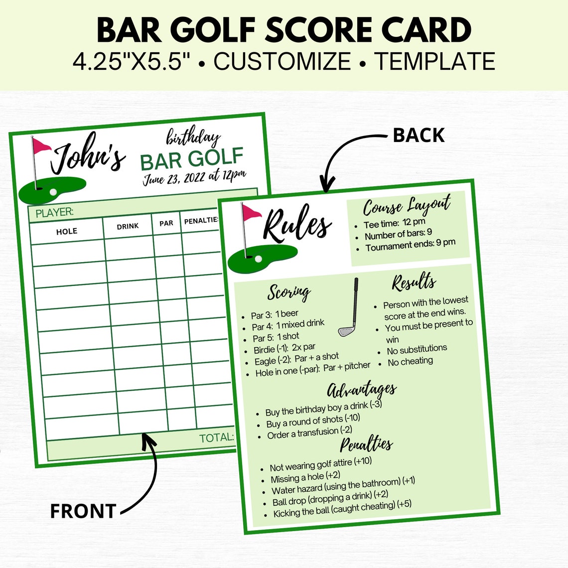 Bar Golf Scorecard Template Editable in Canva, Golf Themed Pub Crawl ...