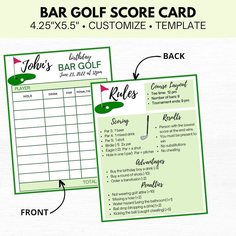 Bar Golf Scorecard Template Editable in Canva, Golf Themed Pub Crawl ...
