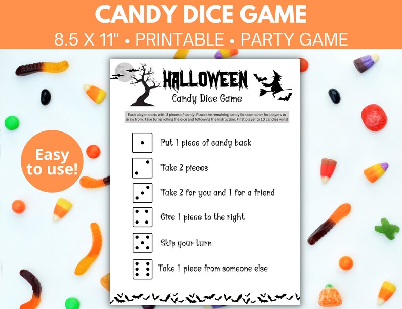 Candy Dice Game, Kids Halloween Dice Game, Printable Dice Game ...