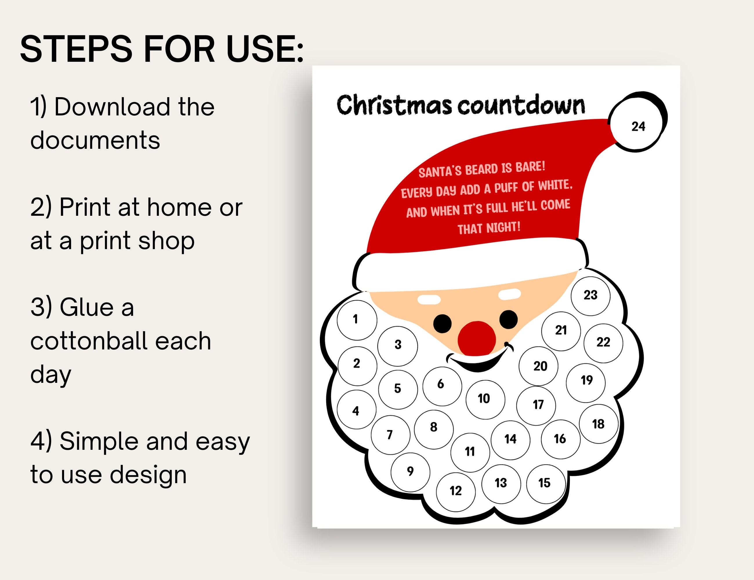 Christmas Countdown Printable Kids Activity, Santa's Beard Christmas ...