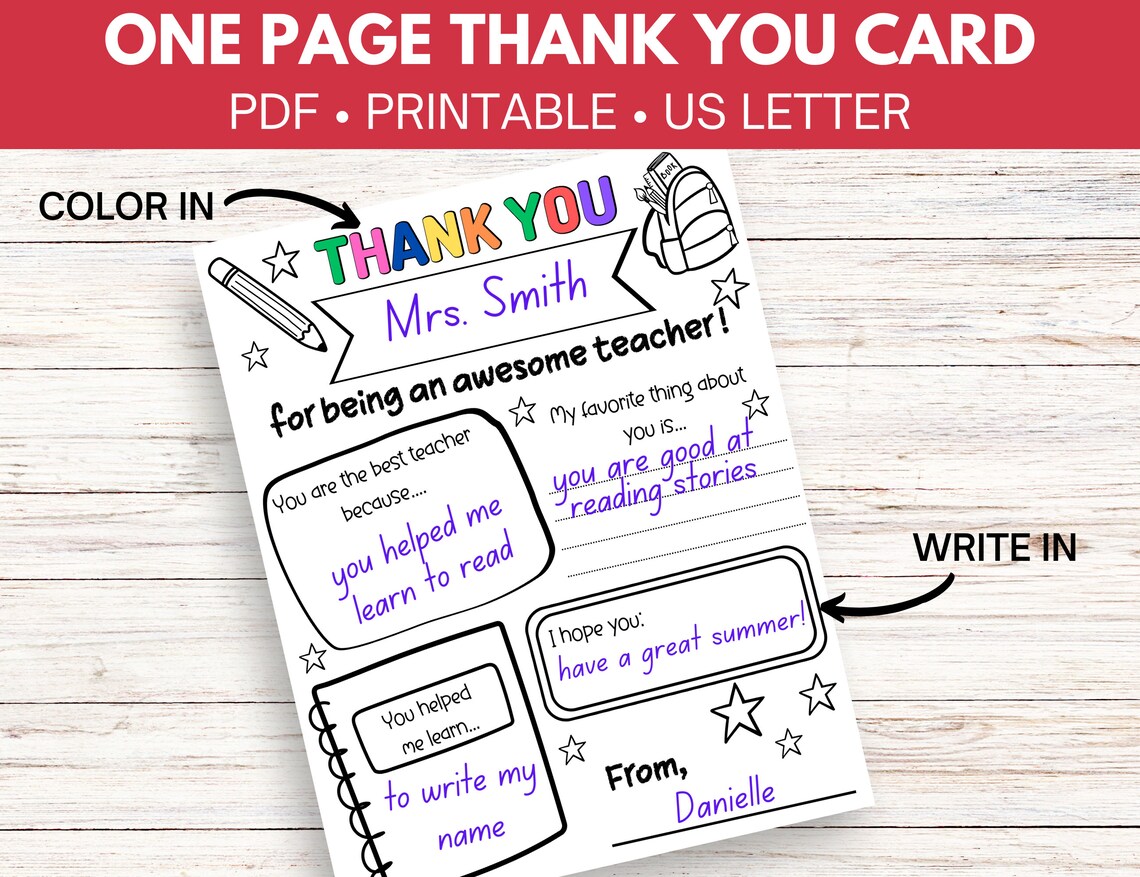 DIY End of Year Teacher Gift Coloring Page, End of Year Thank You Card ...