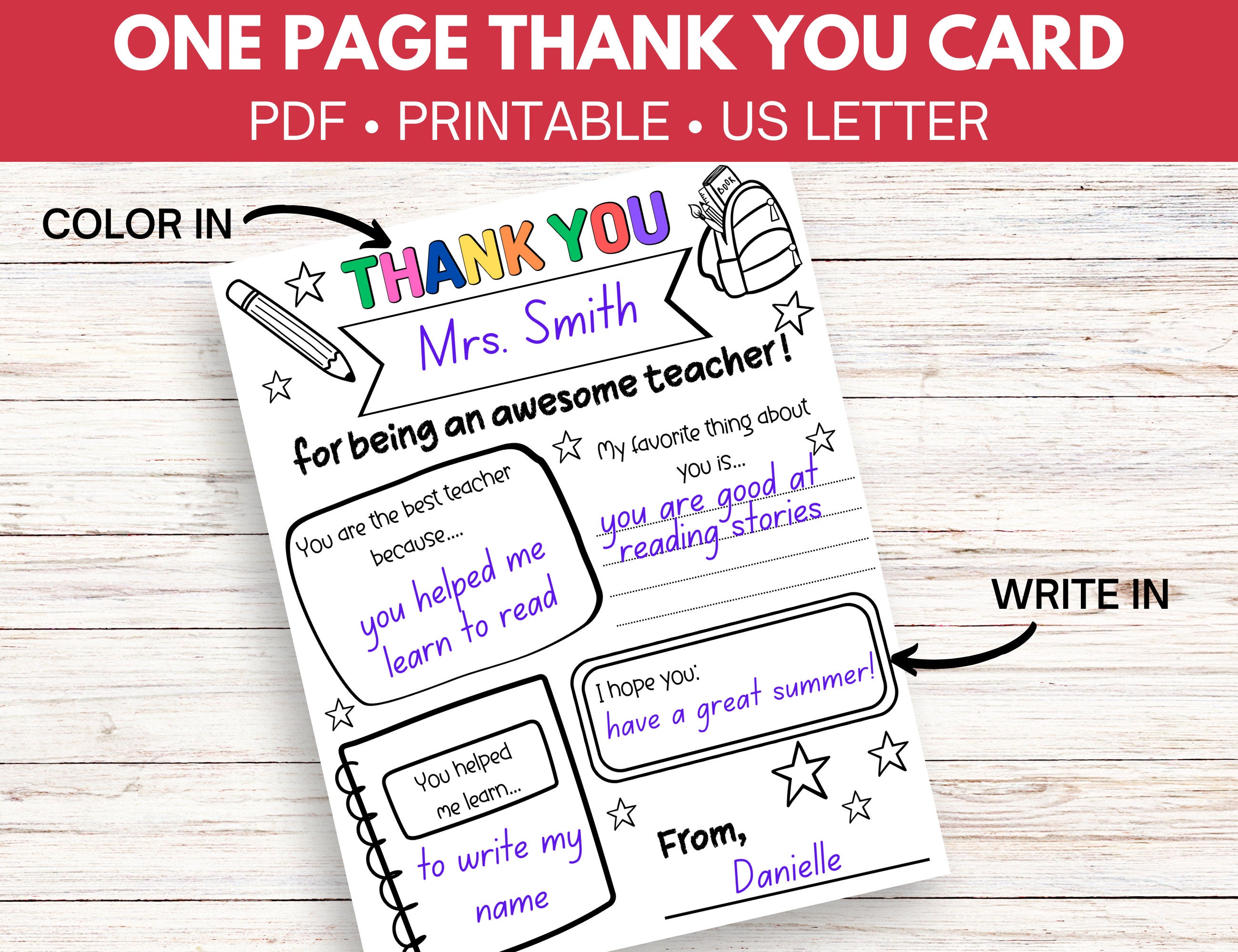 DIY End of Year Teacher Gift Coloring Page, End of Year Thank You Card ...