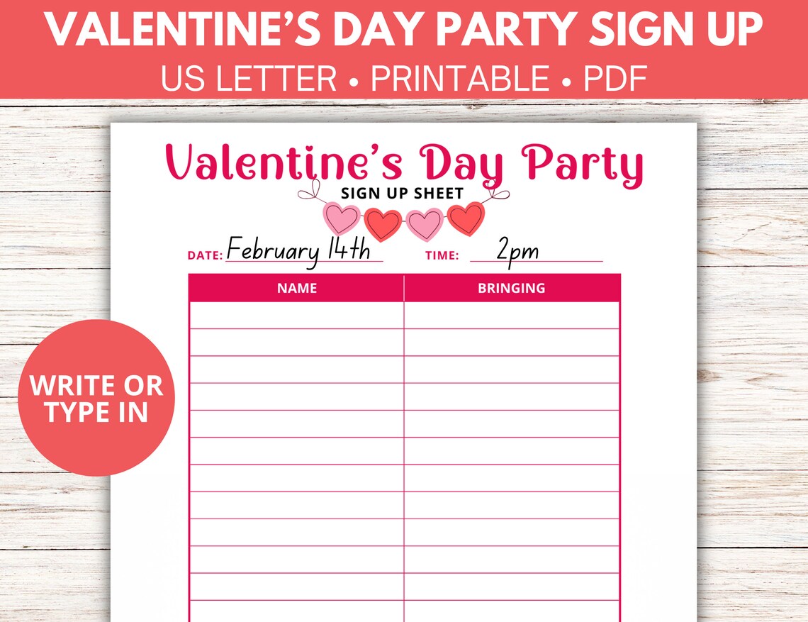 Sign up Sheet Template for Valentine's Day Party, Potluck Sign up Sheet ...