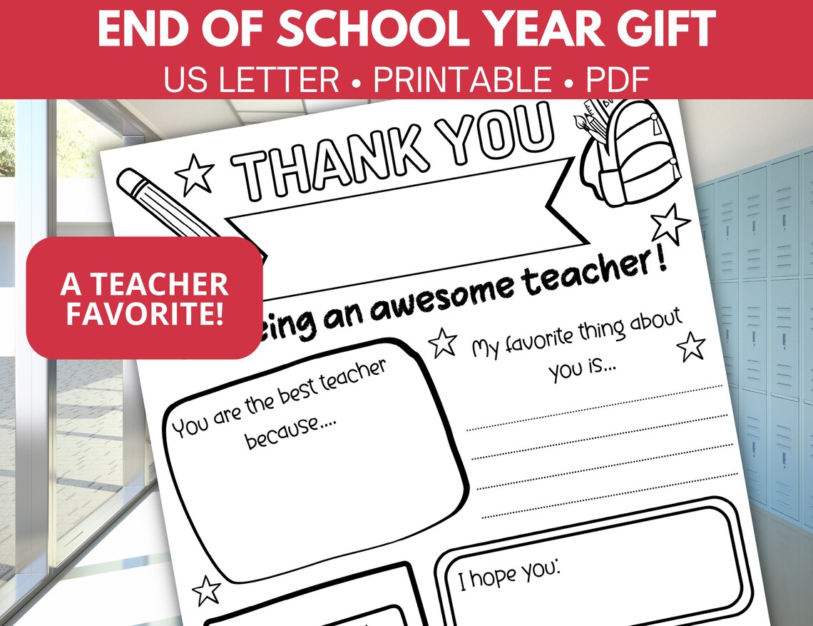 Teacher Thank You, Printable Appreciation Card, End of Year Coloring ...
