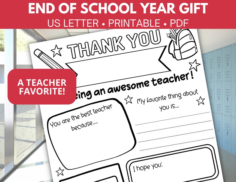 DIY End of Year Teacher Gift Coloring Page, End of Year Thank You Card ...