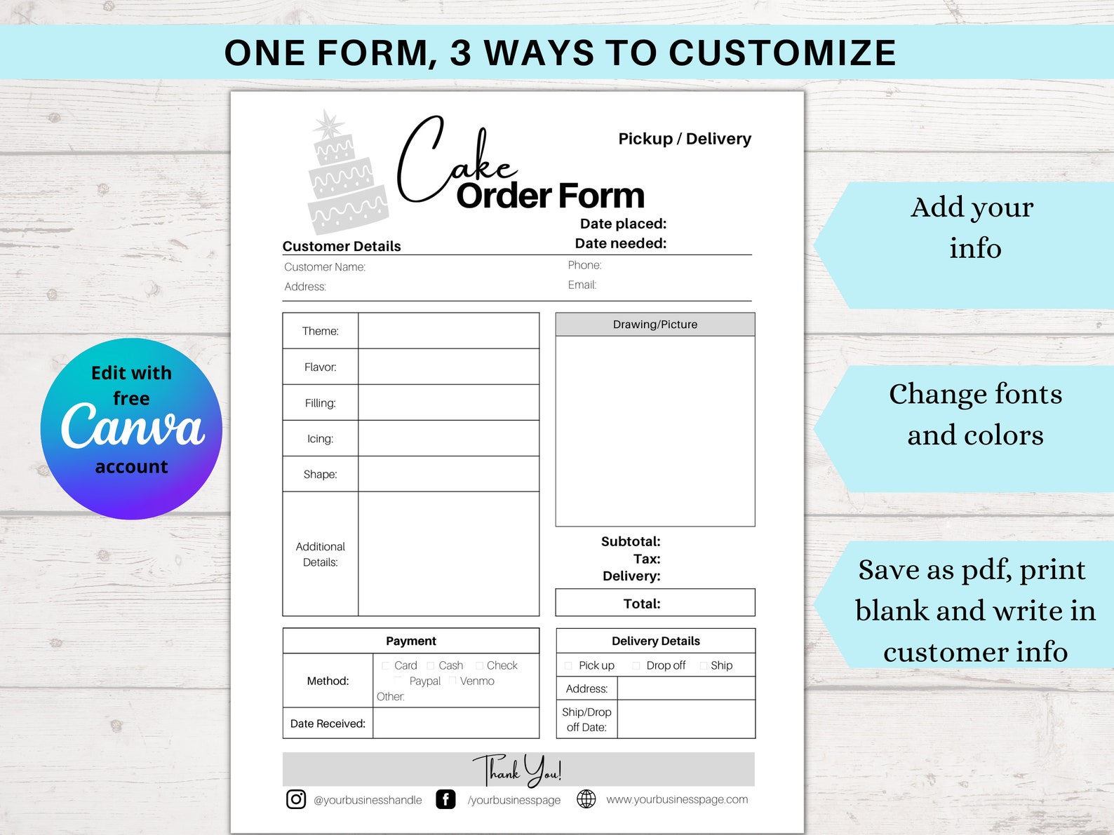 Editable Cake Order Form Template, Bakery Business Forms, Custom Cake ...