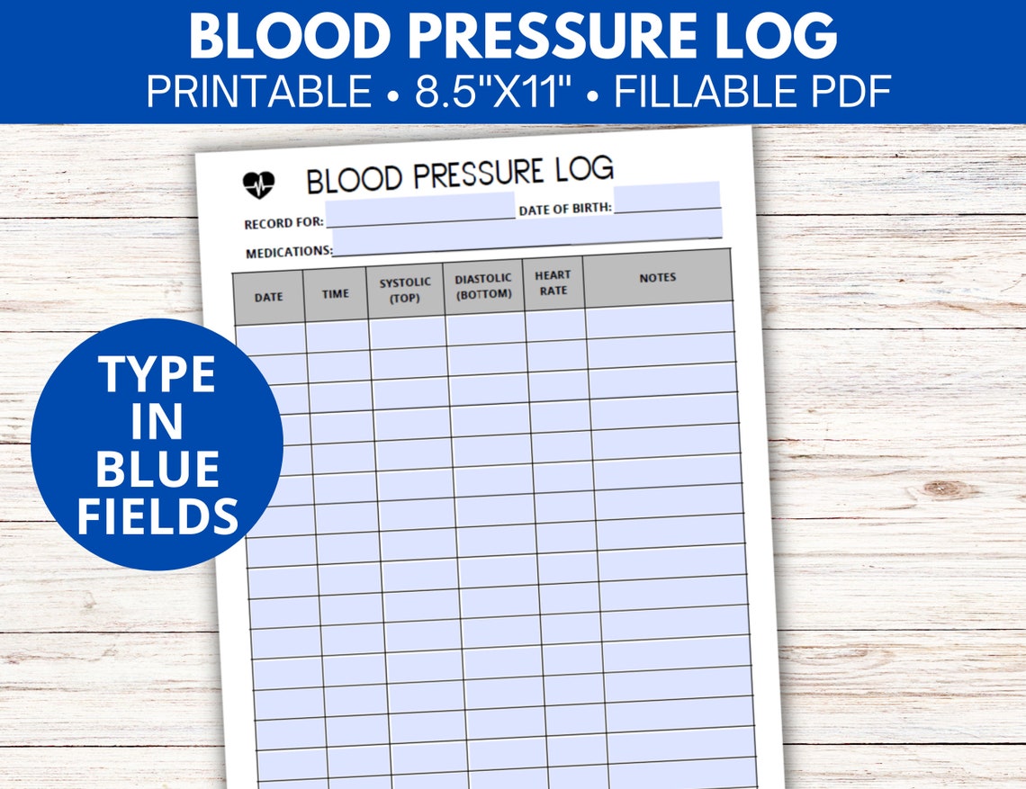 Blood Pressure Log Printable Fillable PDF, Blood Pressure Tracker ...