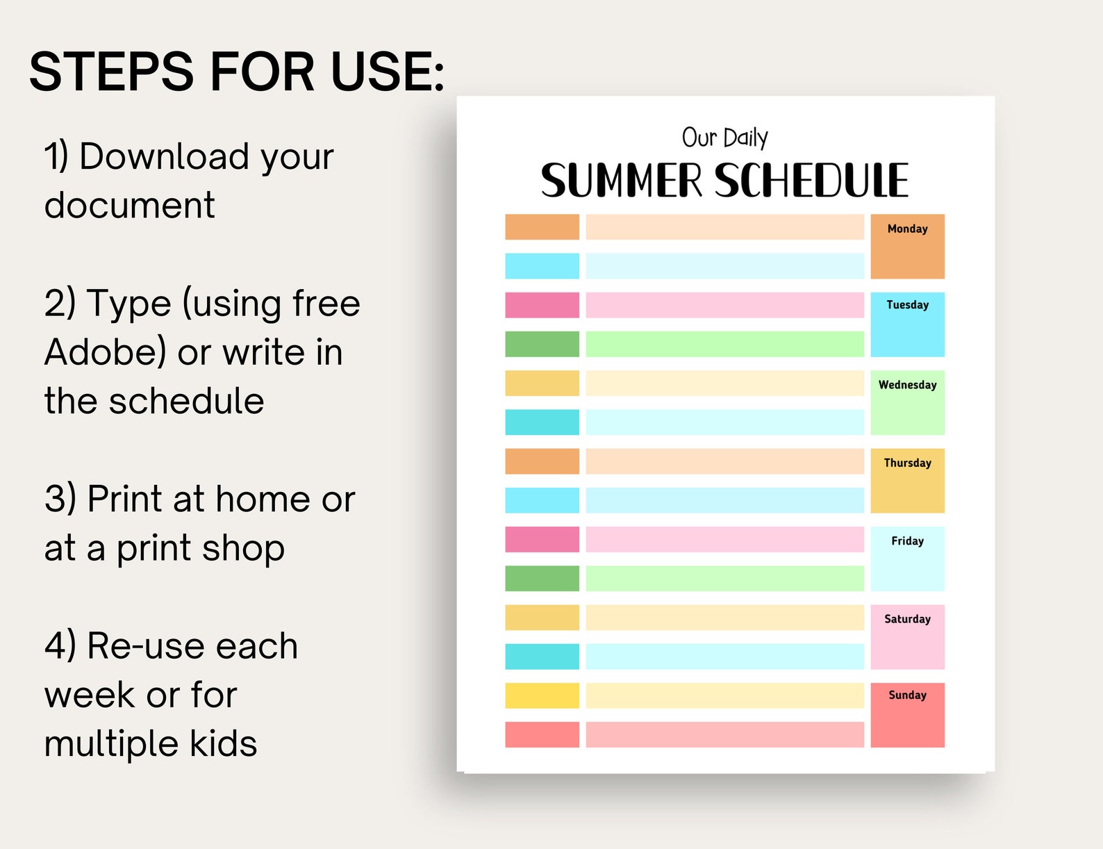 Kids Summer Schedule Template, Editable Kids Routine Chart, Fillable ...