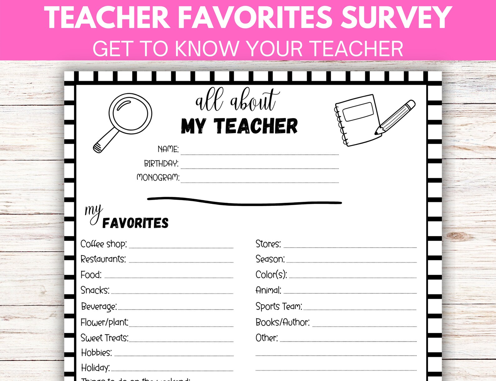 Teacher Favorite Things List, Printable All About the Teacher ...