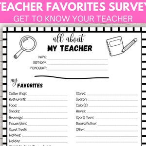 Teacher Favorite Things List, Printable All About the Teacher ...