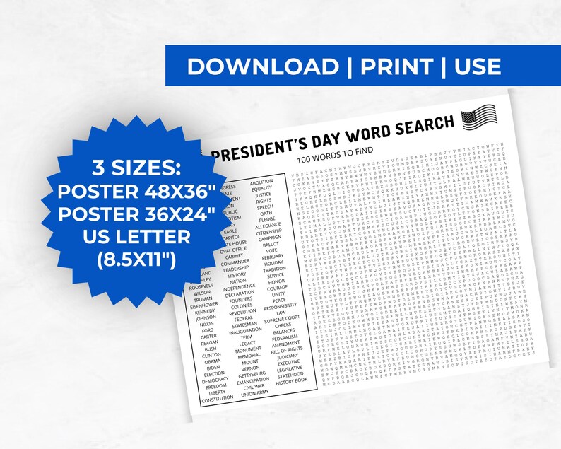 Giant Presidents Day Word Search Printable, Senior Games, Team Building ...