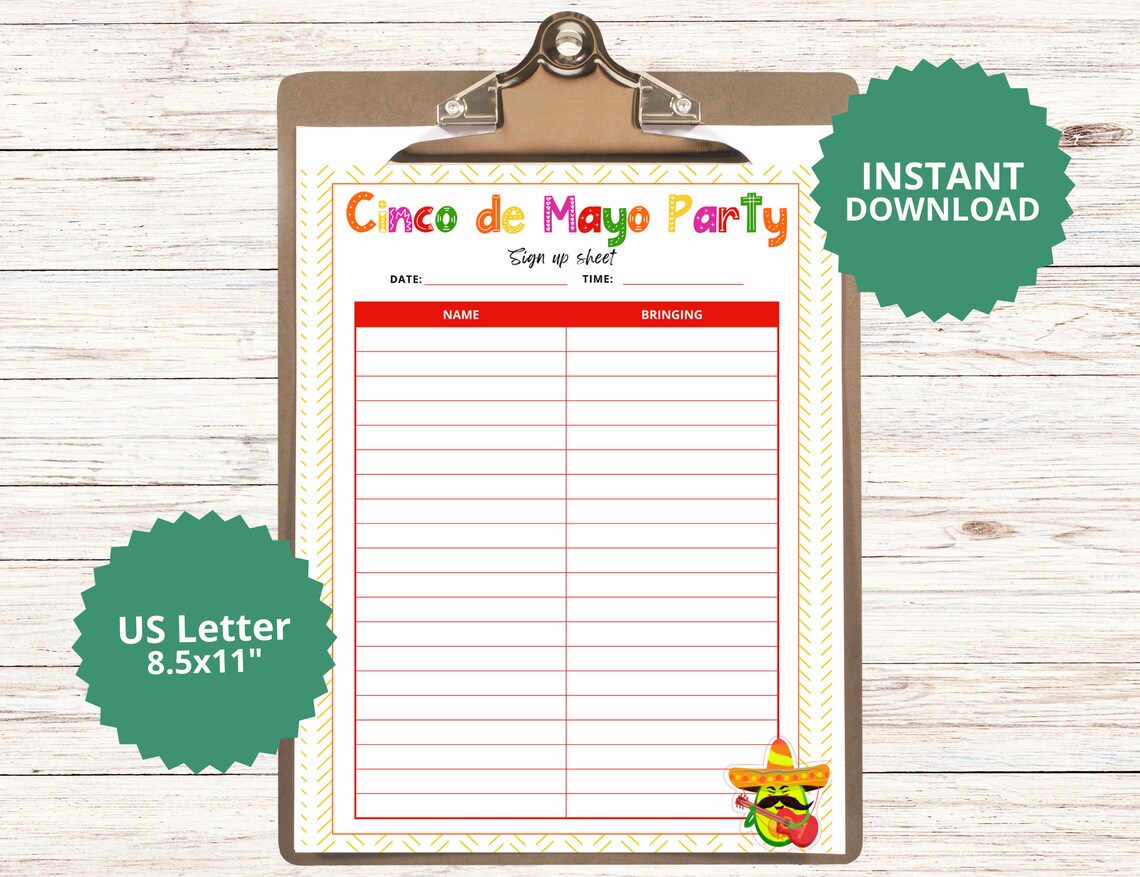 Sign up Sheet Template for Cinco De Mayo Party, Mexican Food Potluck ...