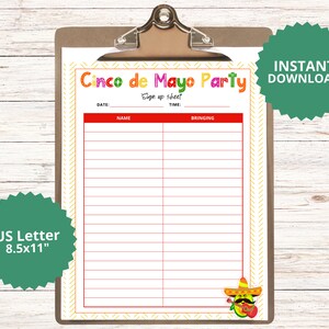 Cinco De Mayo Party Sign up Sheet Template, Mexican Food Potluck, Taco ...