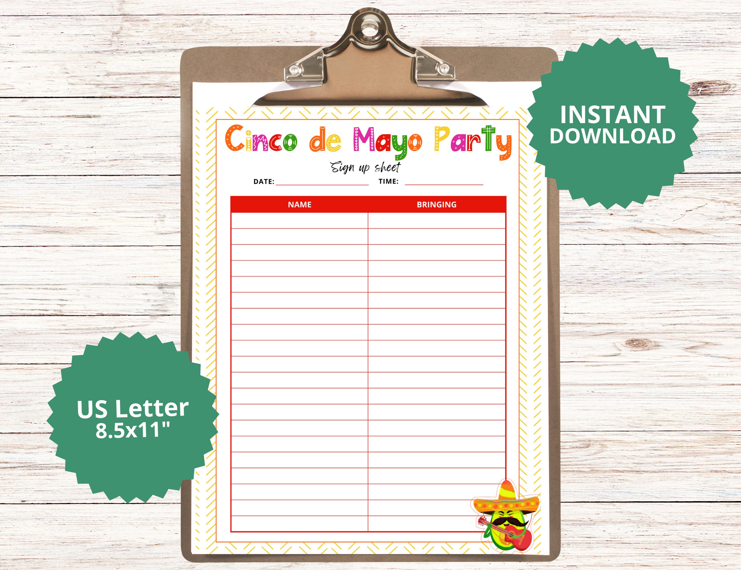 Sign up Sheet Template for Cinco De Mayo Party, Mexican Food Potluck ...