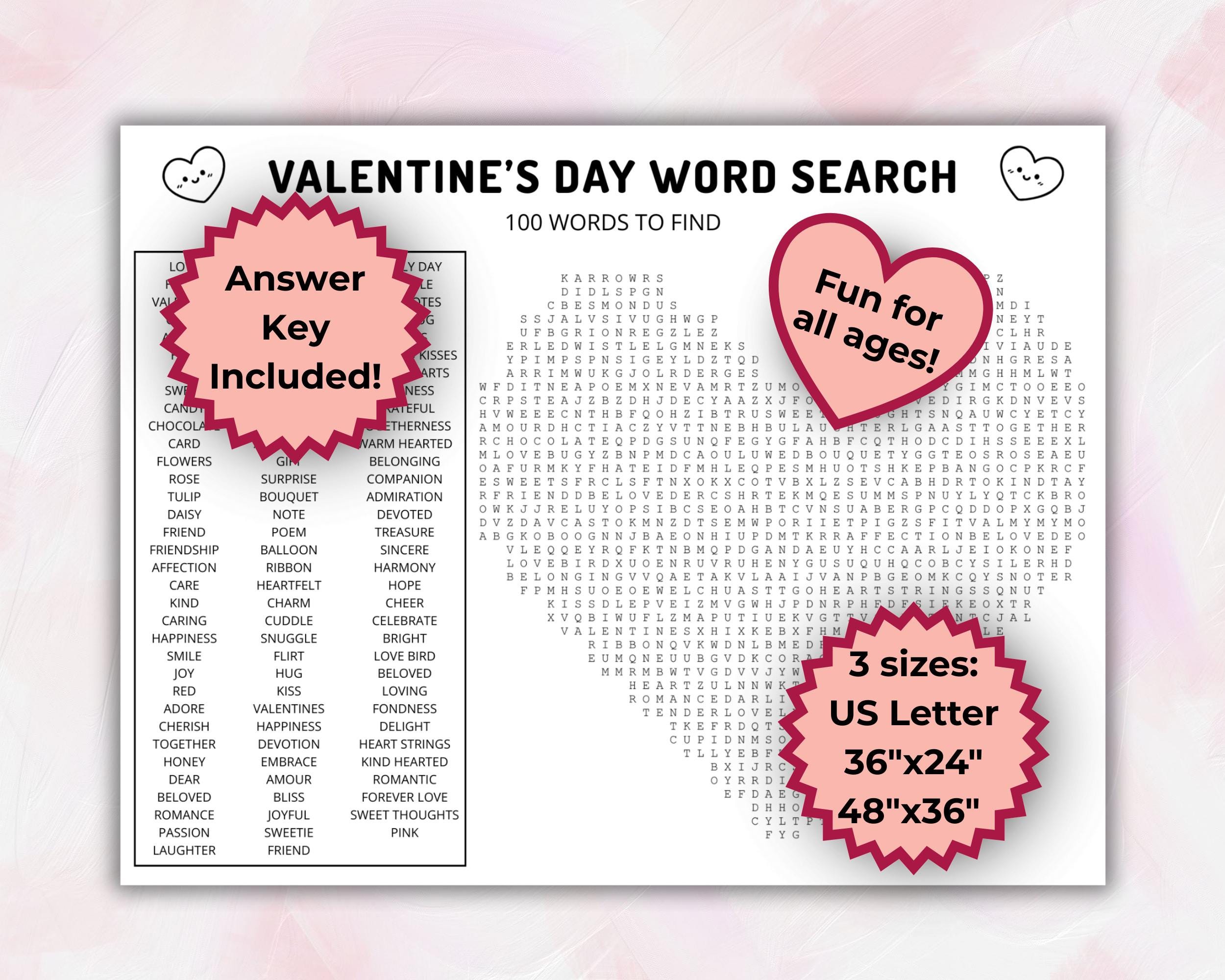 Giant Valentine's Day Word Search Printable, Senior Games, Team ...
