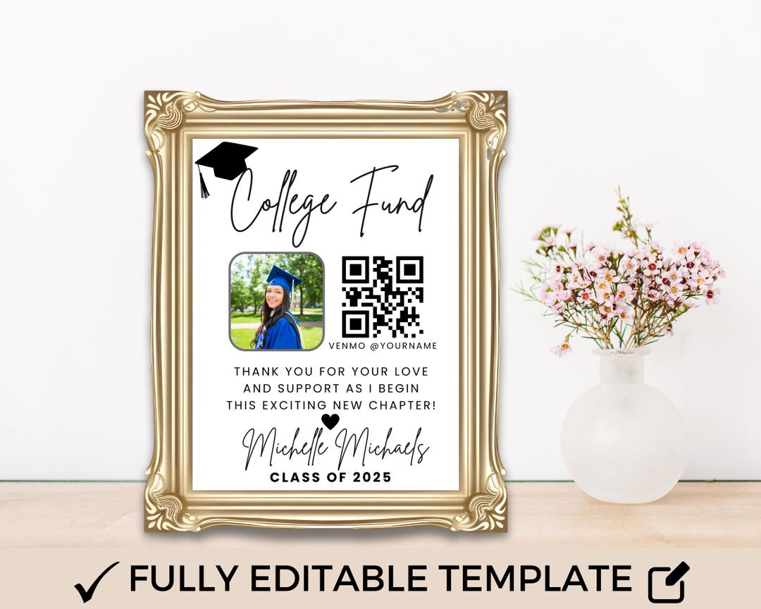 College Fund QR Code Sign Template, Tip the Graduate, Senior Photo ...