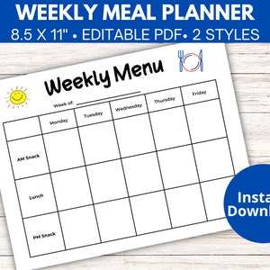 Weekly Menu Template for Daycare, Home Daycare Meal Planning Form ...