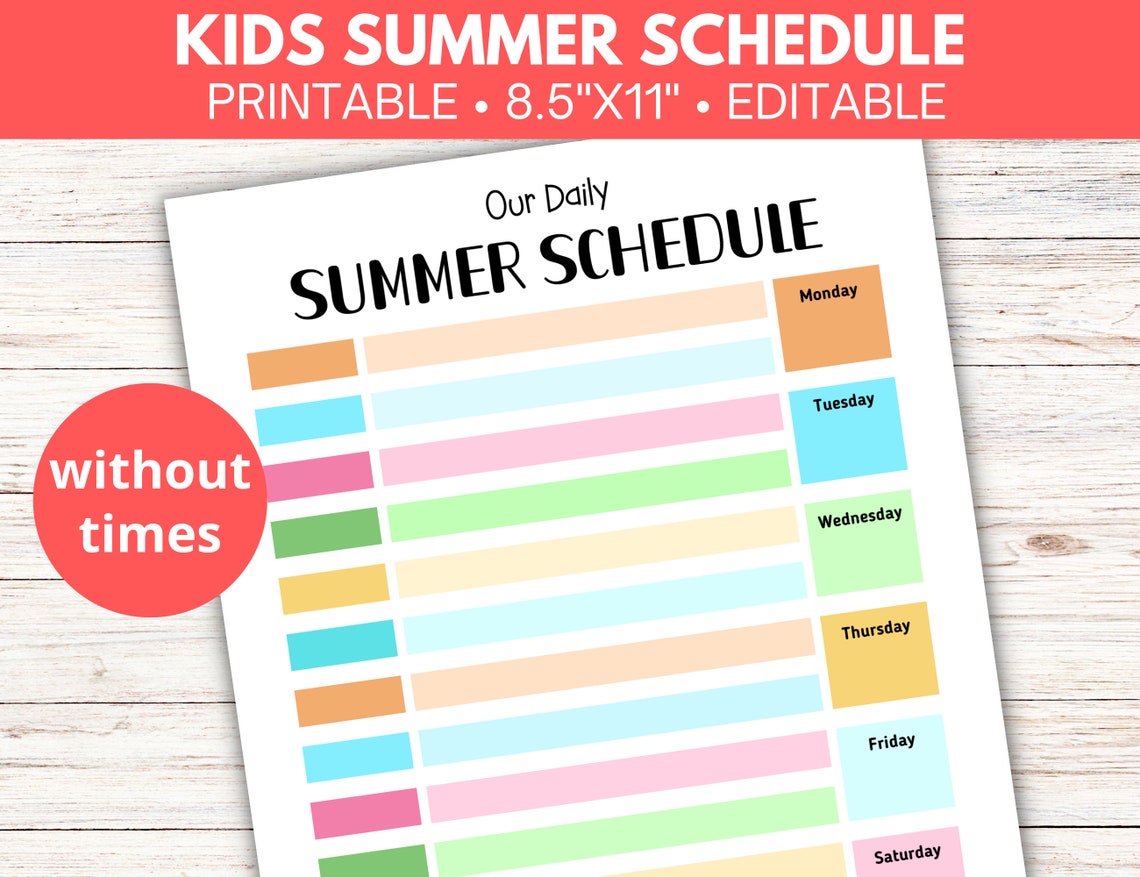 Kids Summer Schedule Template, Editable Kids Routine Chart, Fillable ...