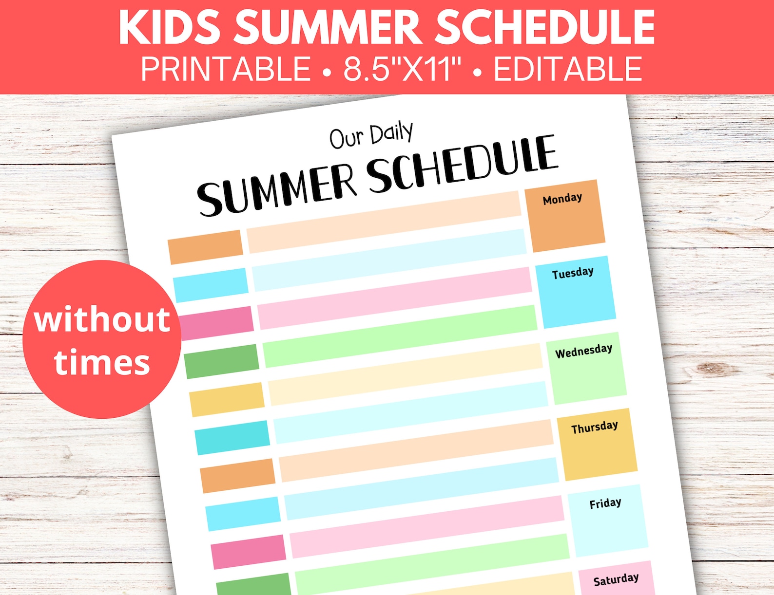 Kids Summer Schedule Template, Editable Kids Routine Chart, Fillable ...