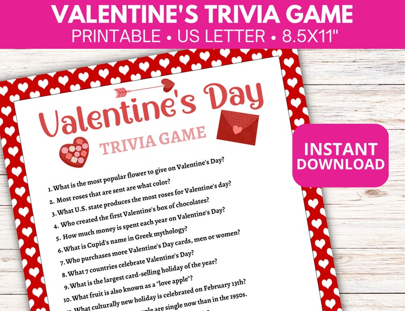Valentine's Trivia Printable, Valentine Party Printables for Kids ...