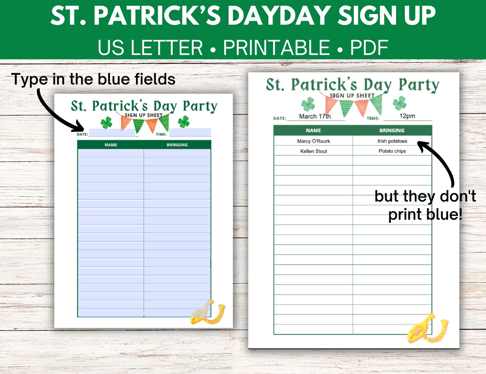 St Patrick's Day Sign up Sheet, Potluck Sign up Sheet, Printable Kids ...