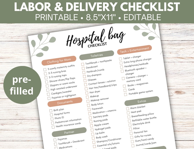 Hospital Bag Packing List Printable, Editable Neutral New Baby ...