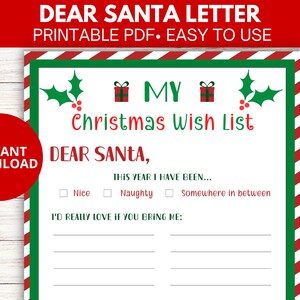 Christmas Wish List for Kids Printable, Letters to Santa, Simple ...