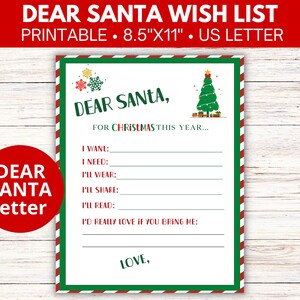 Dear Santa Letter Printable, Christmas Letter to Santa Claus, Christmas ...
