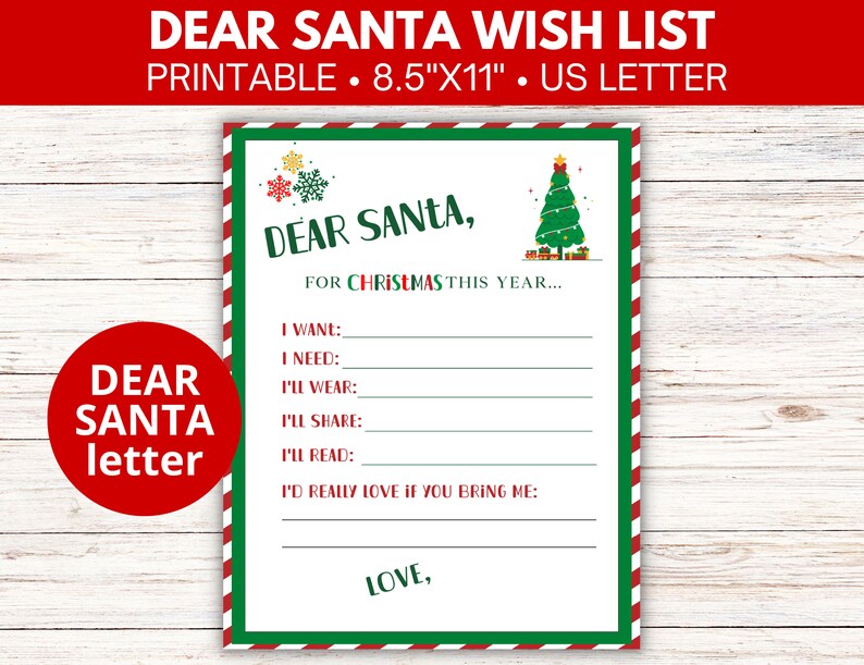 Dear Santa Letter Printable, Christmas Letter to Santa Claus, Christmas ...