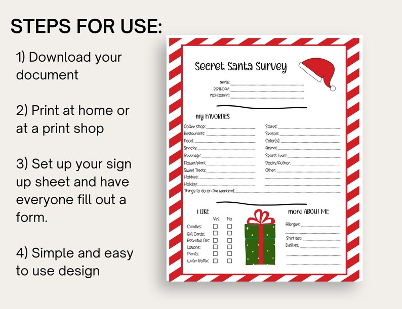 Secret Santa Questionnaire, Coworkers Gift Exchange Game, Printable ...