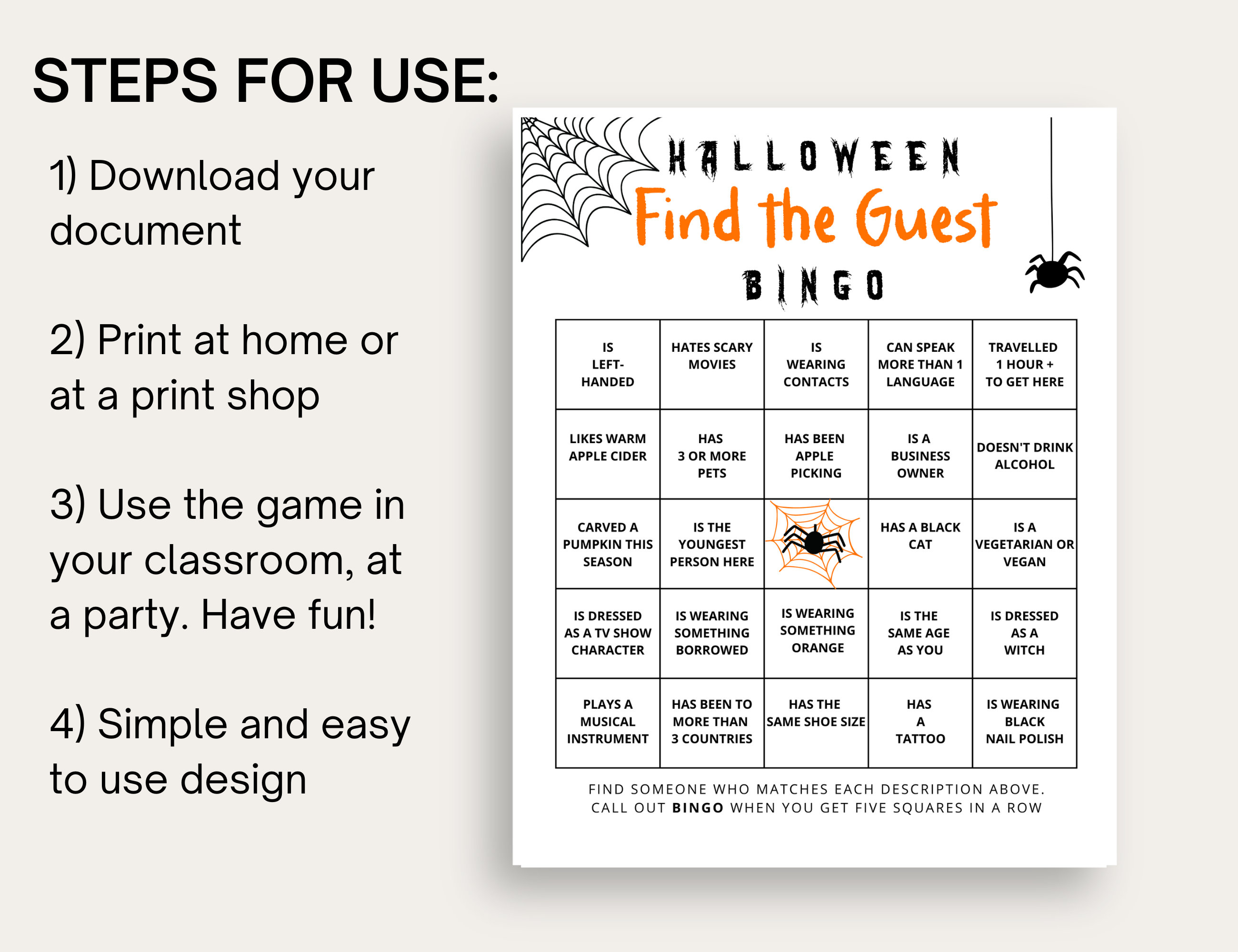 Find the Guest Halloween Bingo, Halloween Party Game, Halloween Games ...
