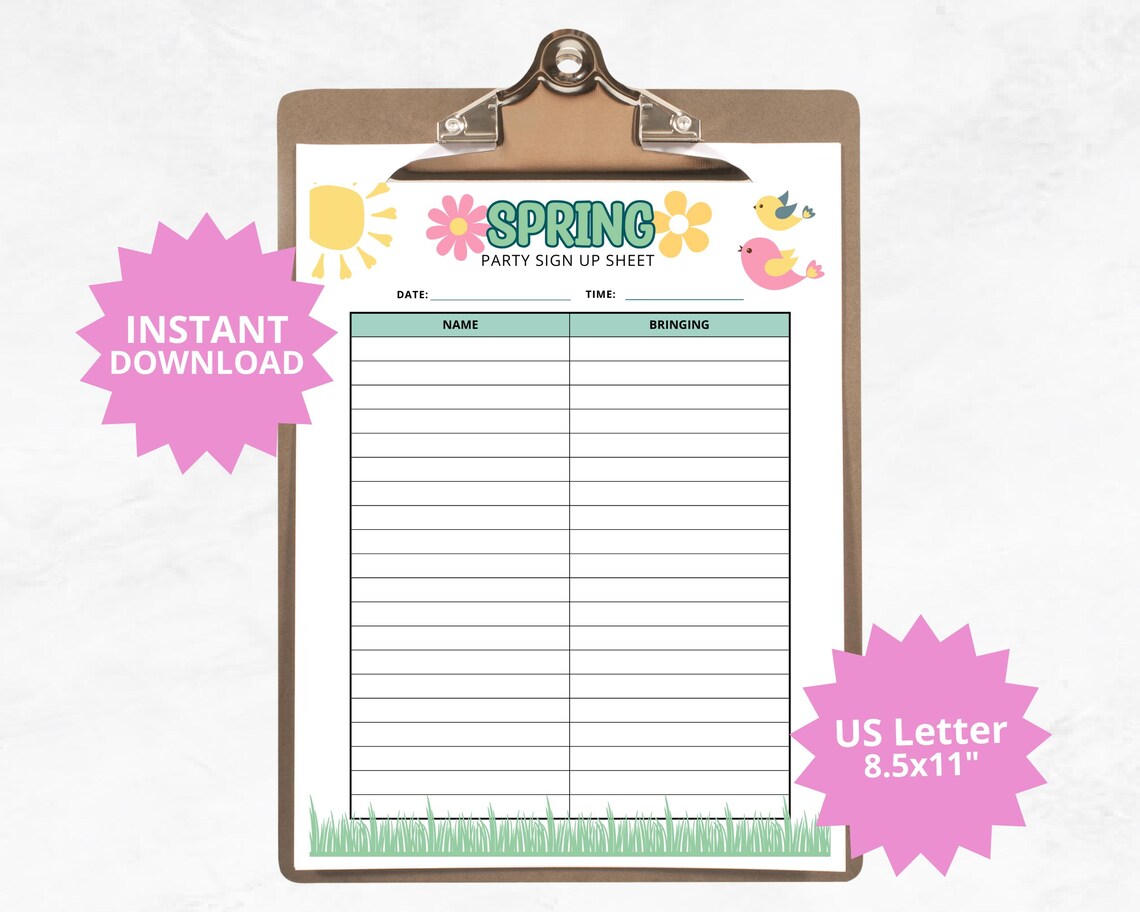 Spring Party Sign up Sheet, Potluck Sign Up, Printable Kids Snack Sign ...