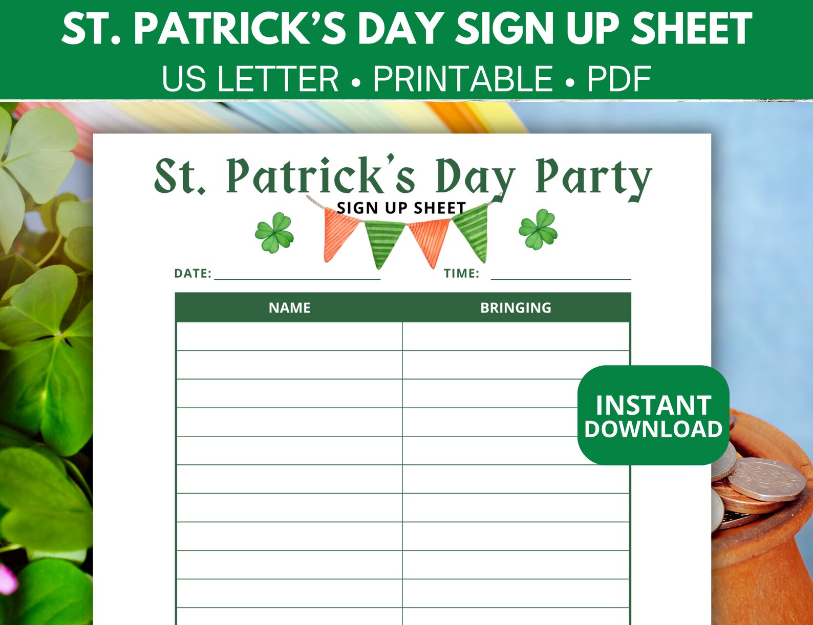 St Patrick's Day Sign up Sheet, Potluck Sign up Sheet, Printable Kids ...