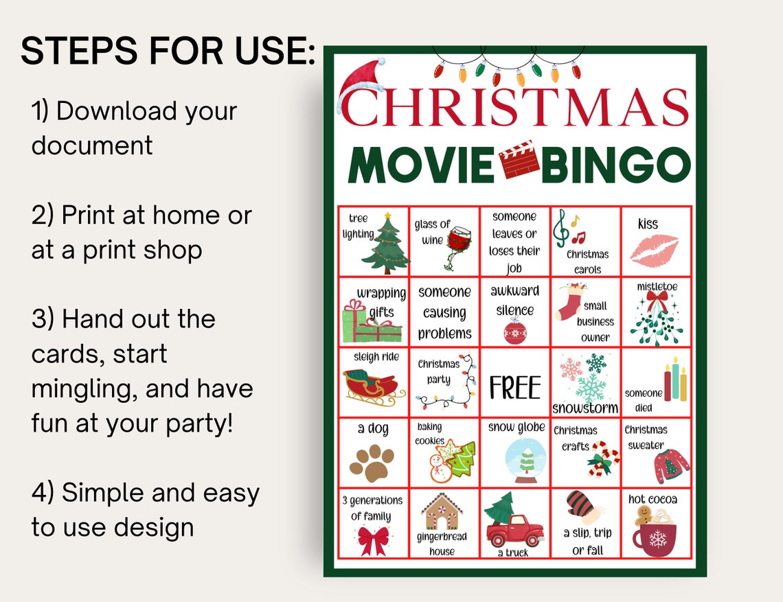 Christmas Movie Bingo Printable, Christmas TV Movie Bingo, Holiday Rom ...