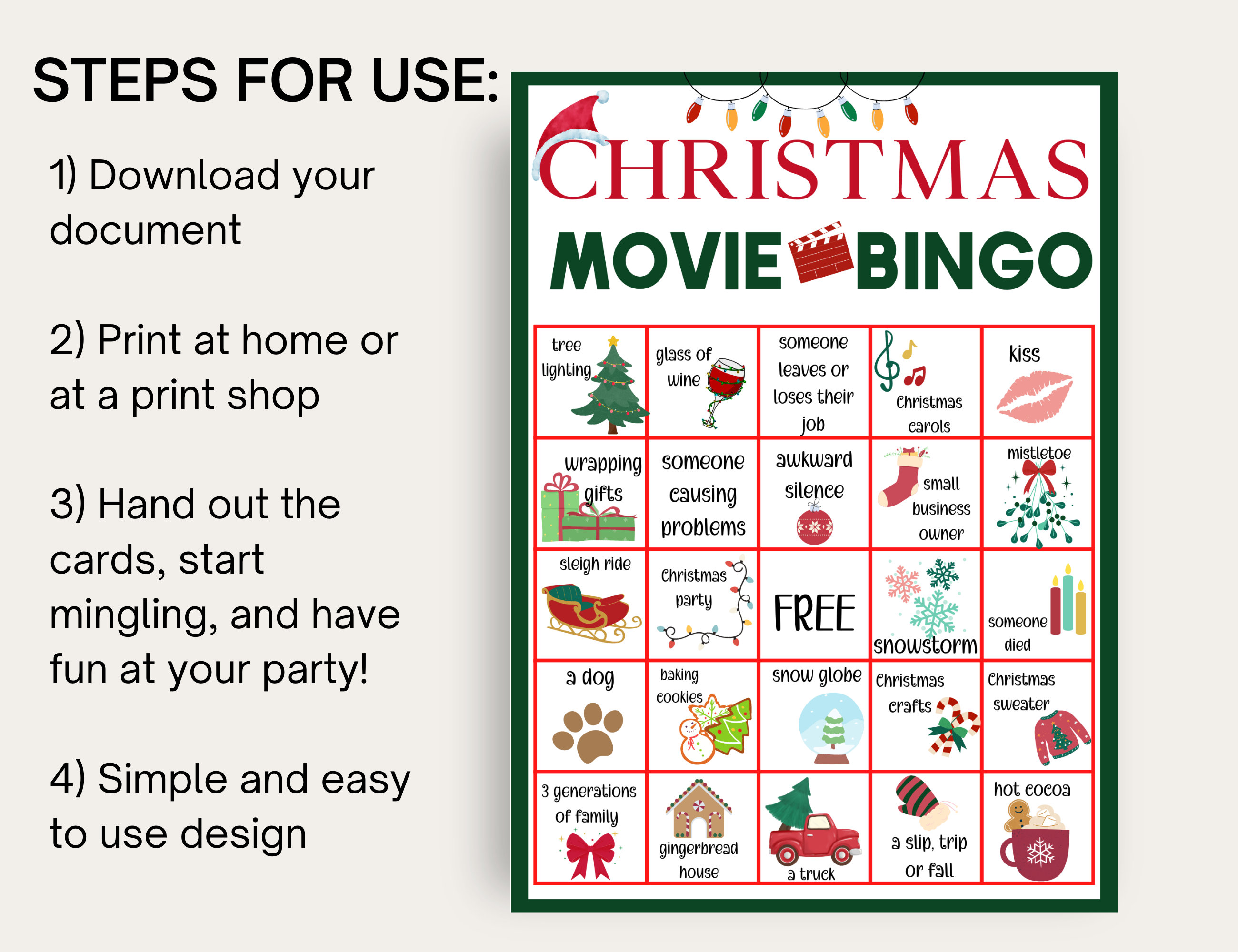 Christmas Movie Bingo Printable, Christmas TV Movie Bingo, Holiday Rom ...