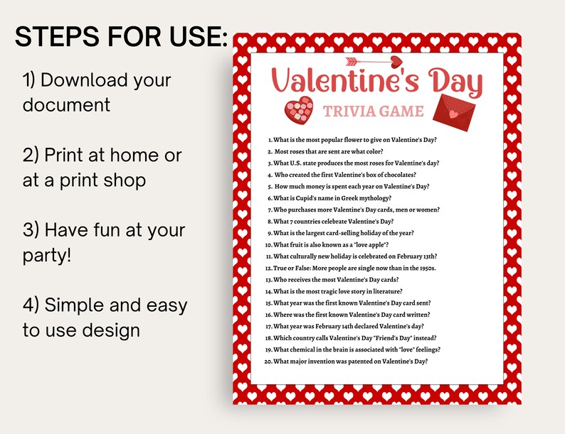 Valentine's Trivia Printable, Valentine Party Printables for Kids ...