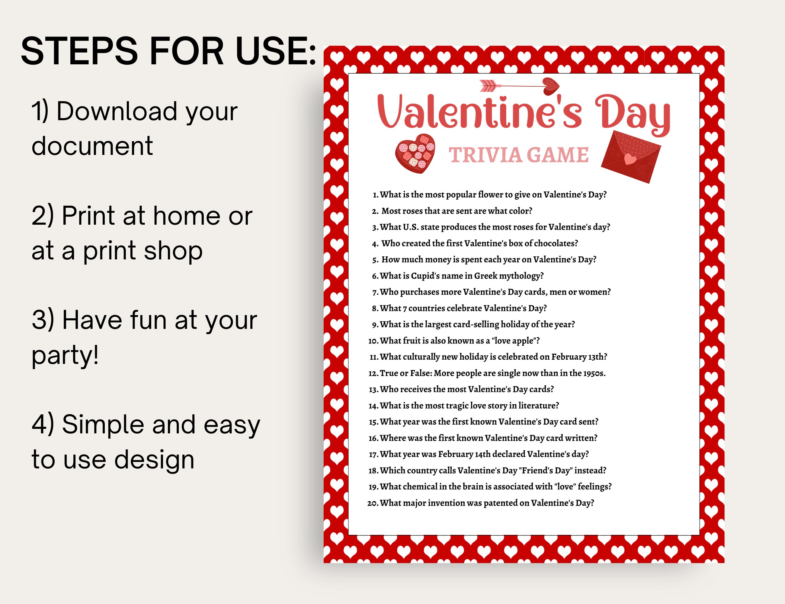 Valentine's Trivia Printable, Valentine Party Printables for Kids ...