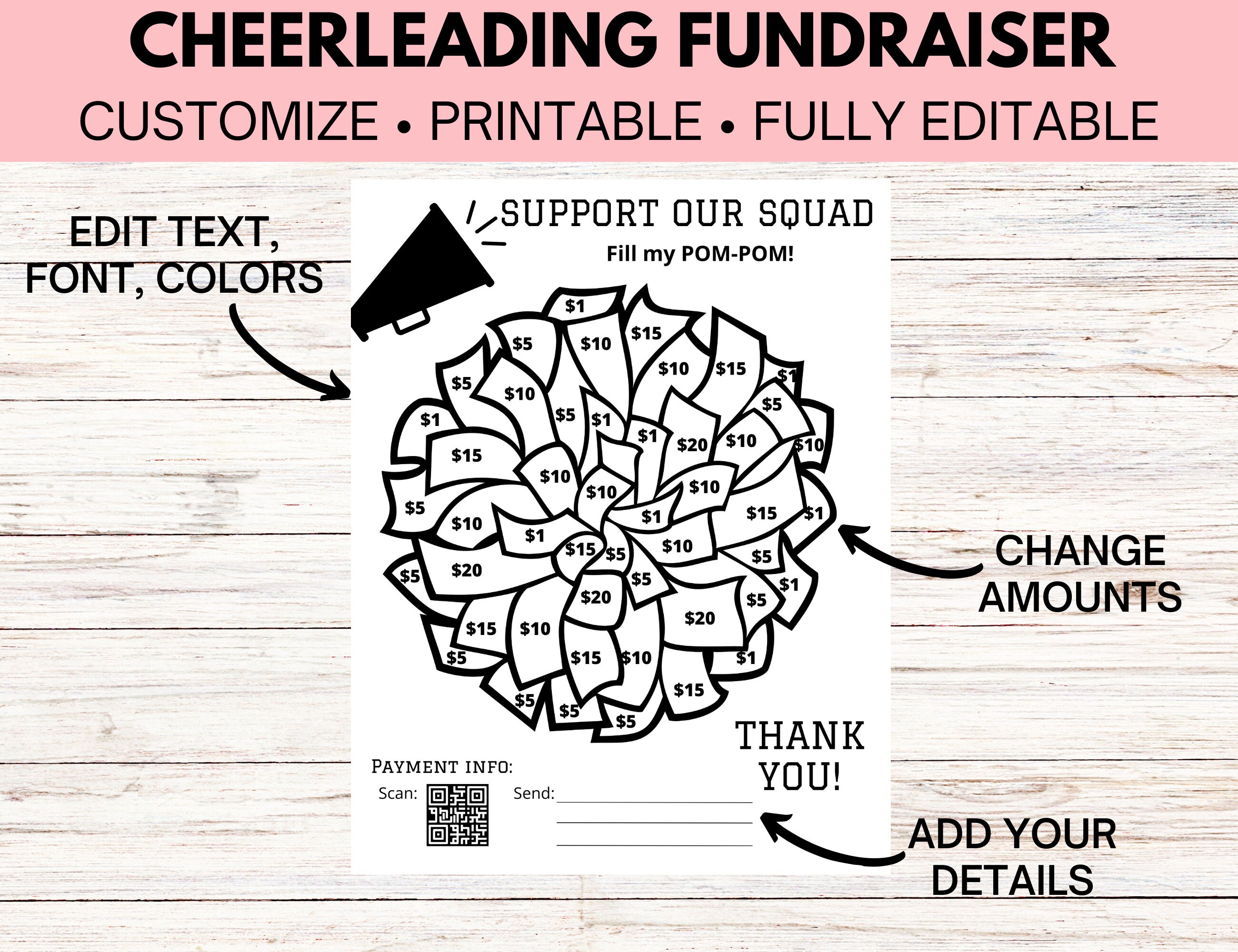 Cheer Fundraiser Template W QR Code, Editable Fill My Pom Pom, Cheer ...