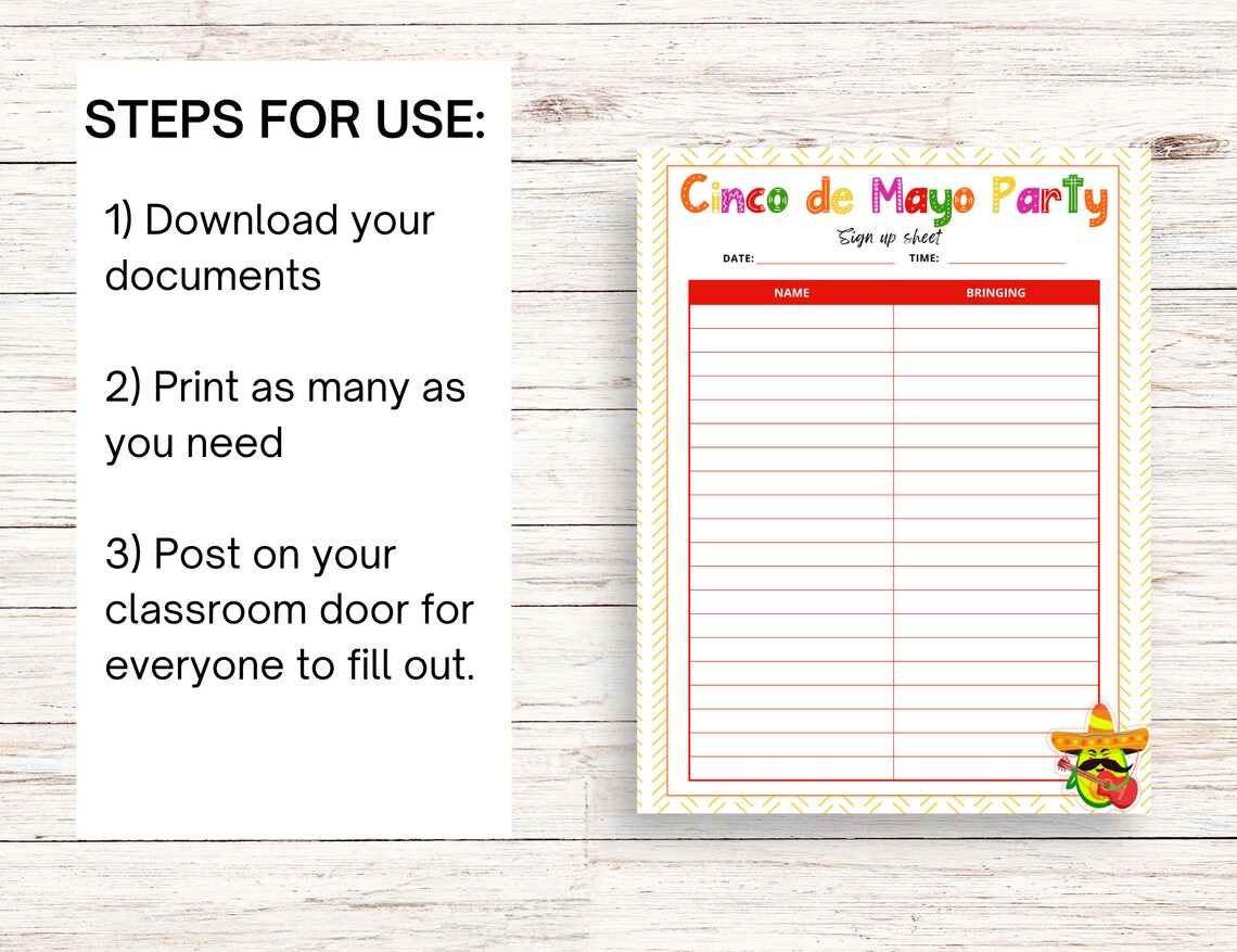 Sign up Sheet Template for Cinco De Mayo Party, Mexican Food Potluck ...