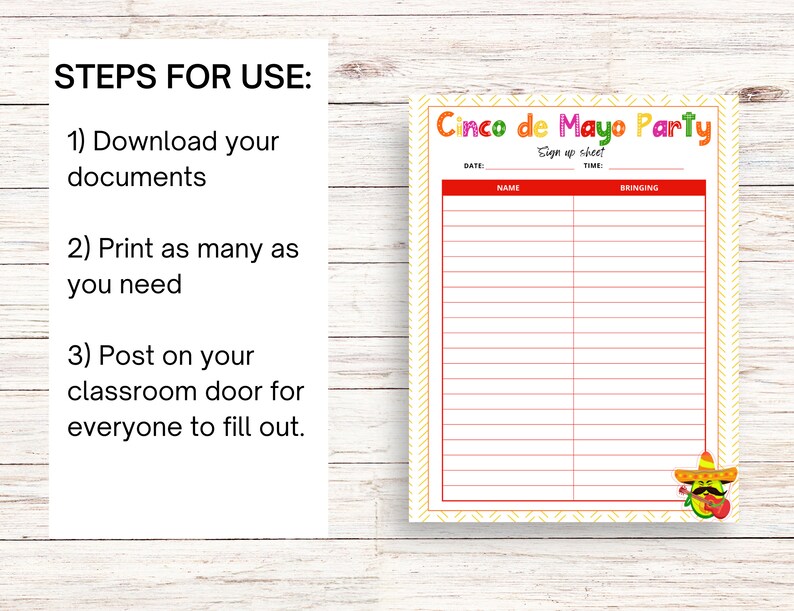 Sign up Sheet Template for Cinco De Mayo Party, Mexican Food Potluck ...