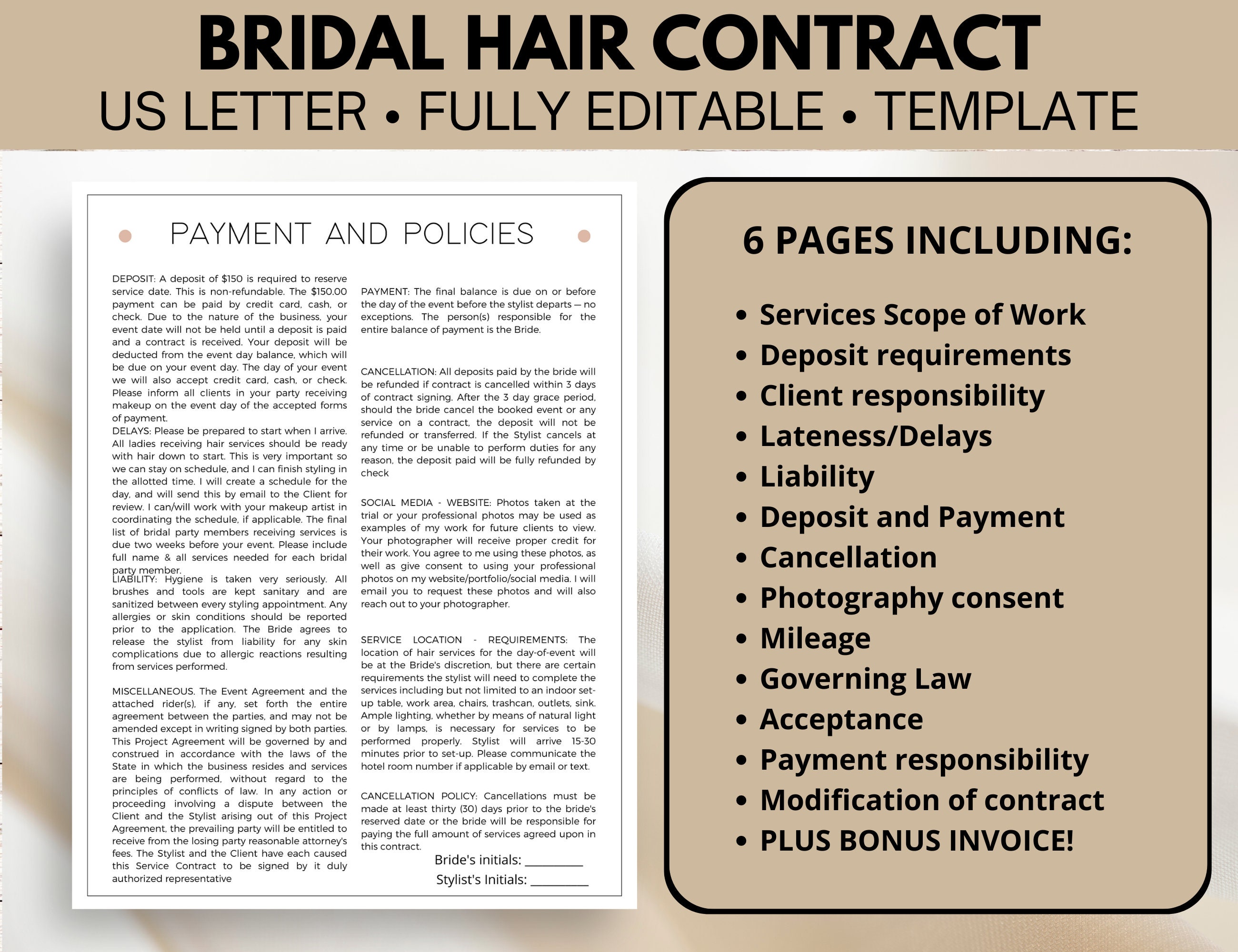 Bridal Hair Contract Template, Bridal Party Hair Service Contract ...