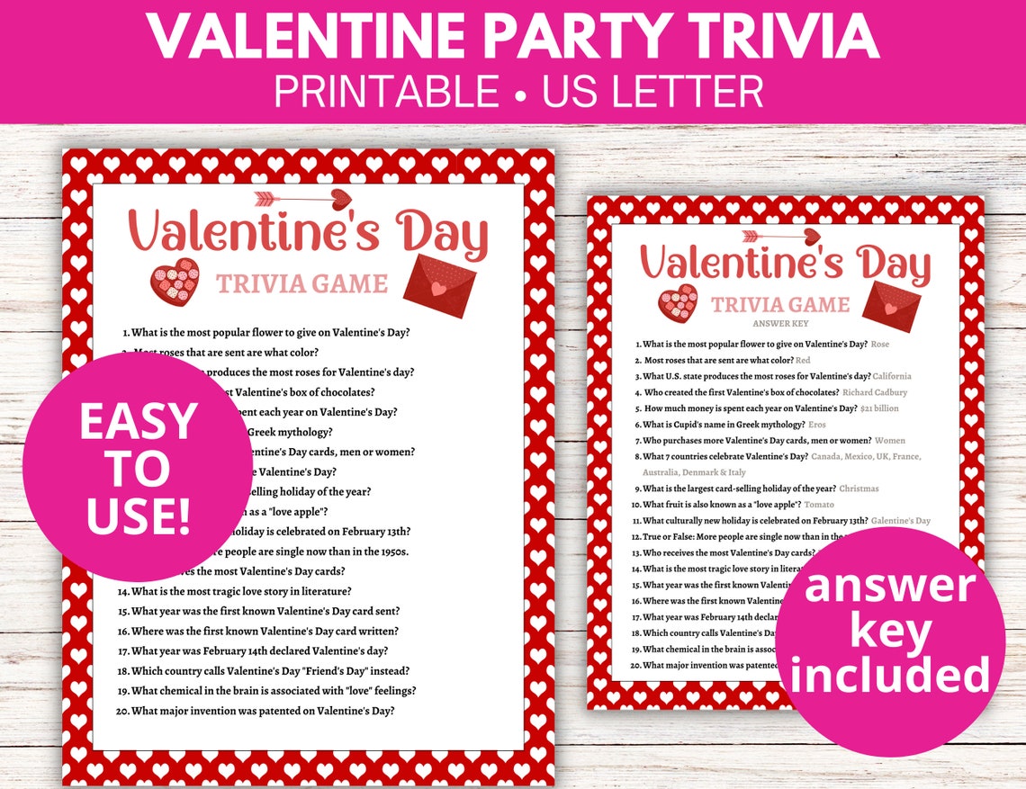 Valentine's Trivia Printable, Valentine Party Printables for Kids ...