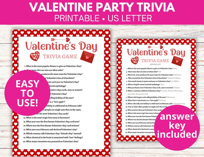 Valentine's Trivia Printable, Valentine Party Printables for Kids ...