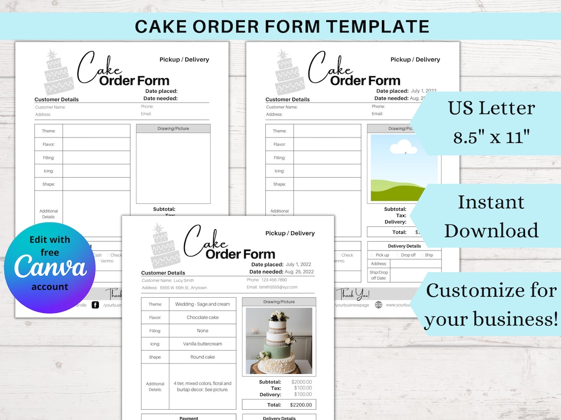 Editable Cake Order Form Template, Bakery Business Forms, Custom Cake ...