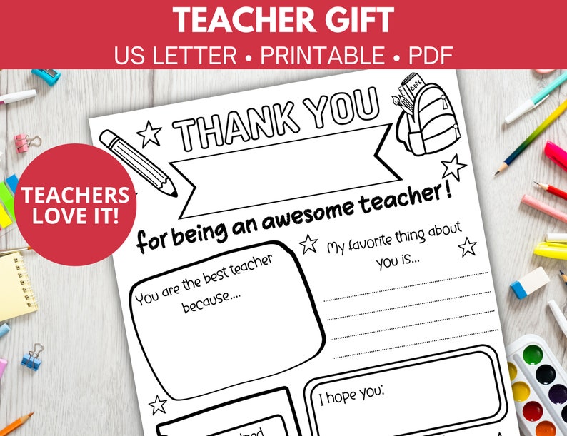 DIY End of Year Teacher Gift Coloring Page, End of Year Thank You Card ...