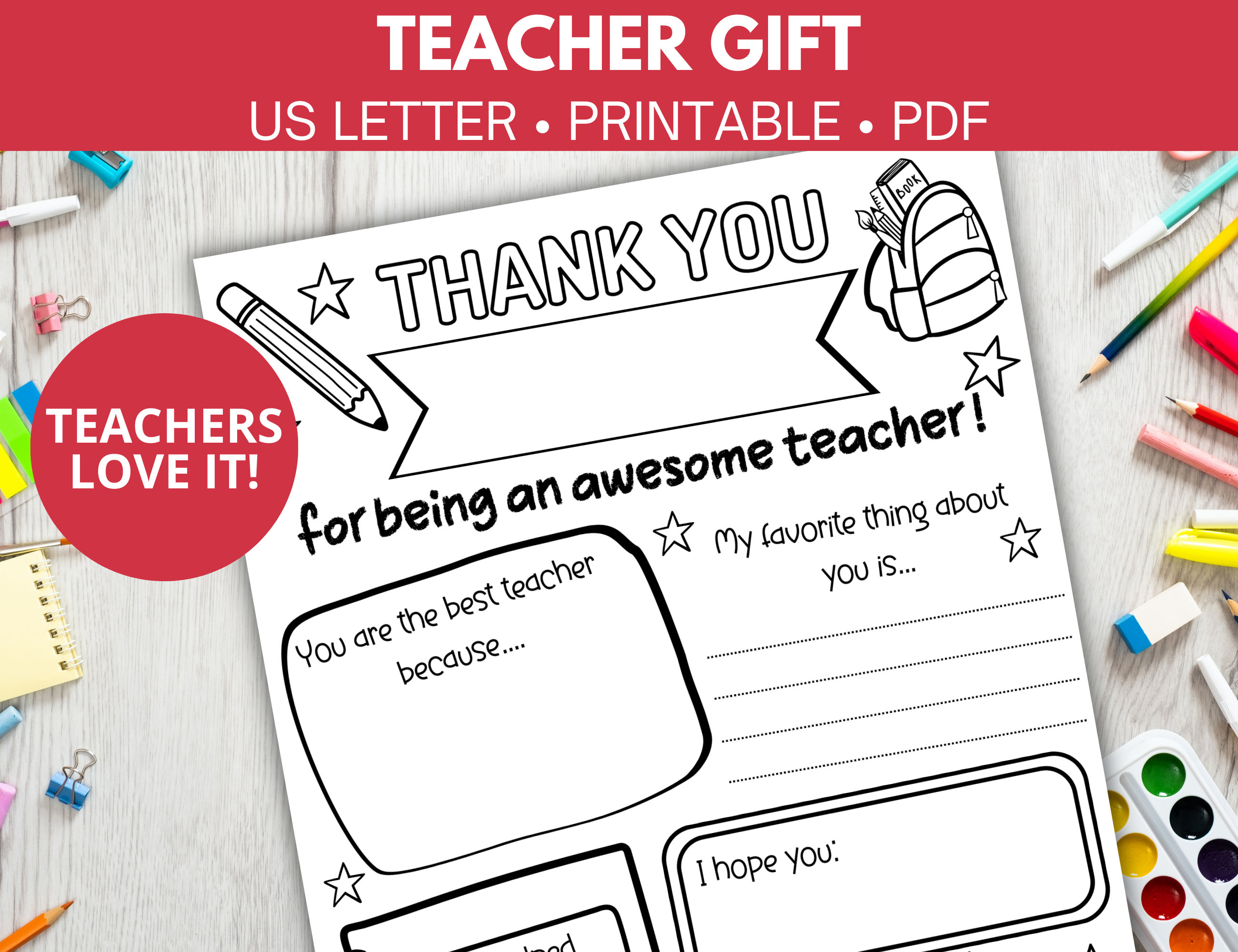 DIY End of Year Teacher Gift Coloring Page, End of Year Thank You Card ...