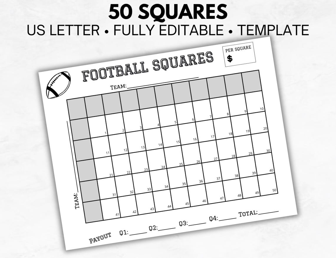 Editable Football Squares Template, 50 Squares Grid, Football ...