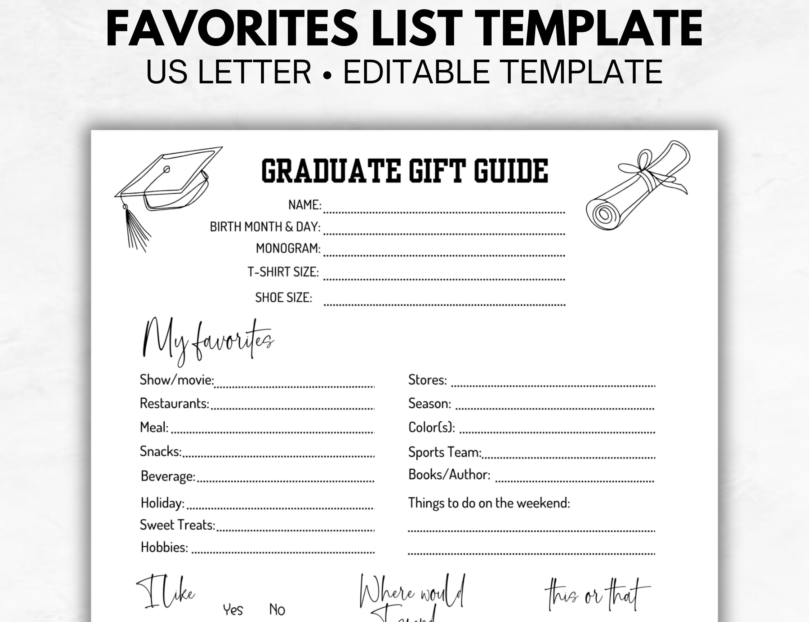 Senior Favorite Things List, Editable Graduate Gift Questionnaire, All ...