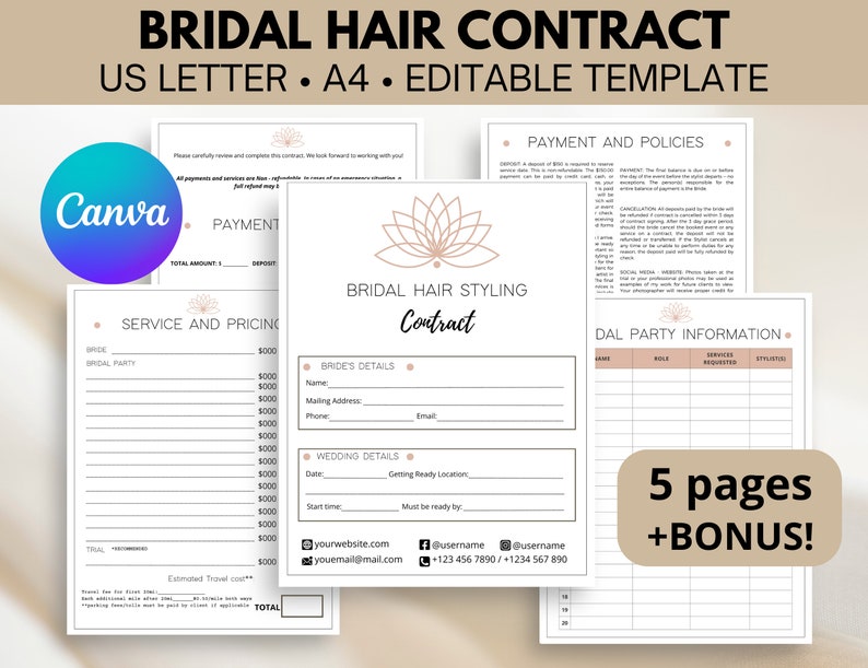 Bridal Hair Contract Template, Bridal Party Hair Service Contract ...